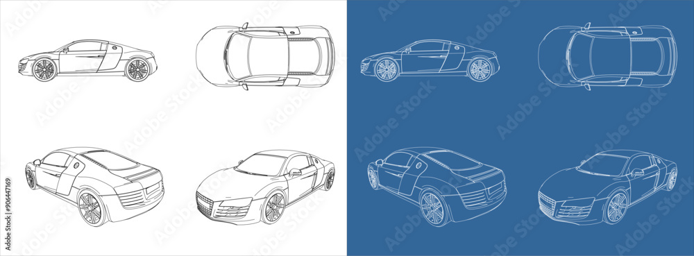 vector race car line art draw blueprint from all view top corner side ...