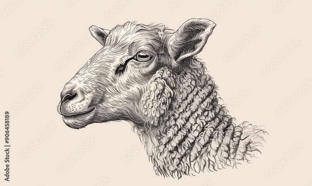 Sheep, lamb. Vintage retro print, black white sheep lamb sketch ink ...