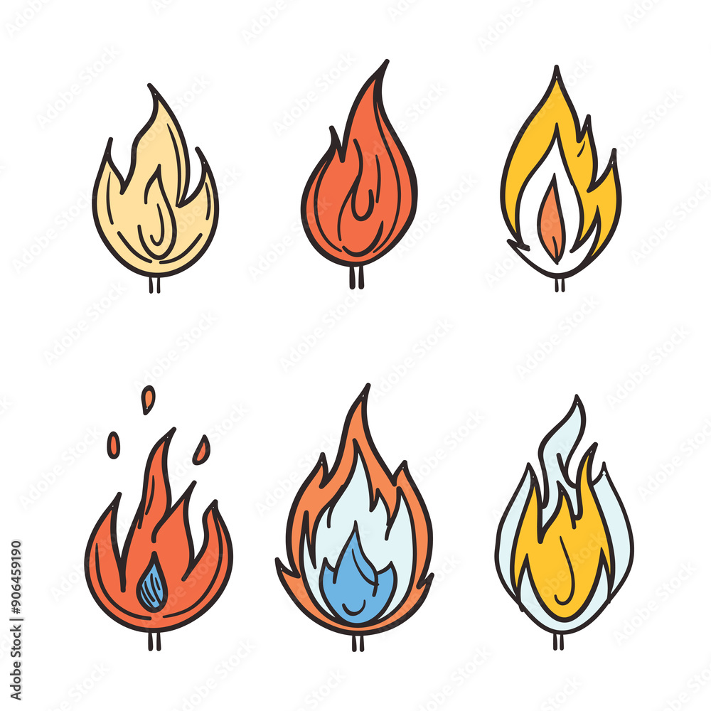 Six fire flames cartoon style isolated white background. Different ...