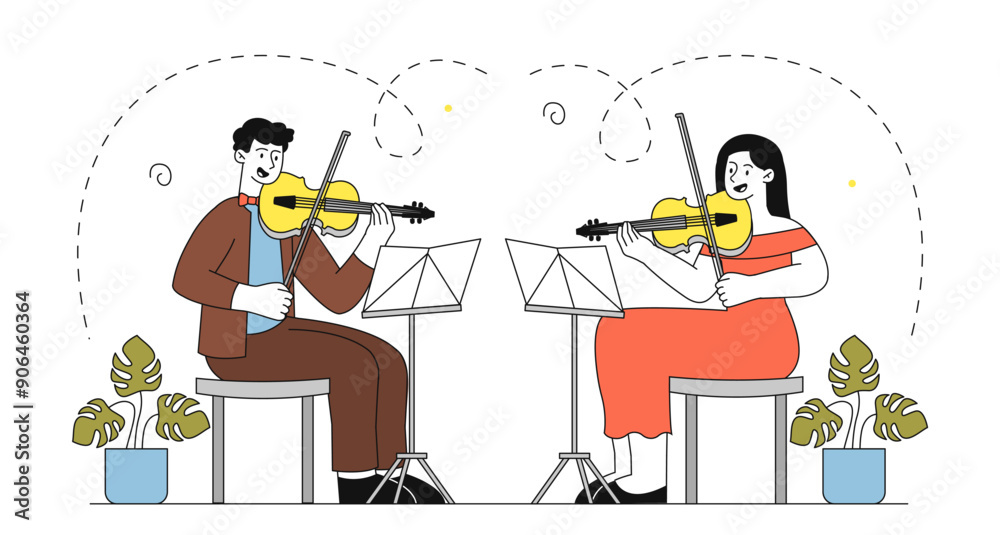 People play violin. Man and woman with musical instruments sitting on ...