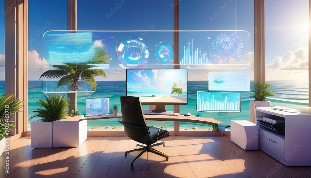 A high-tech beach office setup with a holographic computer display ...