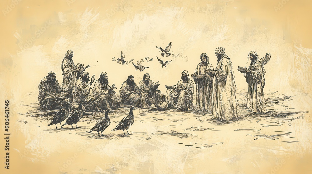 Biblical Illustration of Numbers: A Feast of Quail Being Shared Among ...