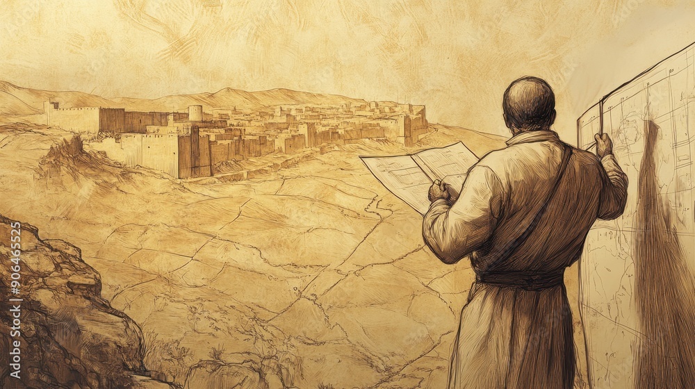 Biblical Illustration of Numbers: A Spy Sketching a Map of Canaan with ...