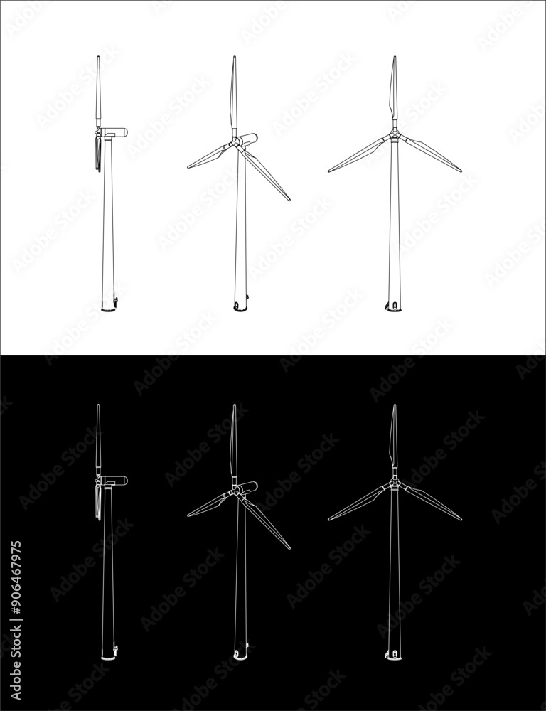 set windmill or wind turbine blueprint. line drawing of wind farm ...