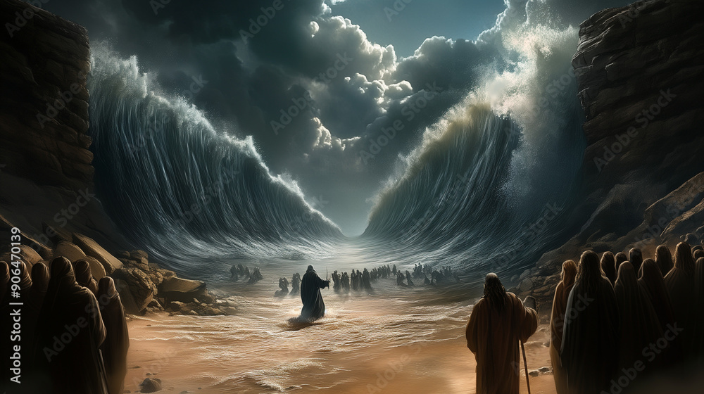 Illustration a captivating depiction of Moses parting the Red Sea, with ...