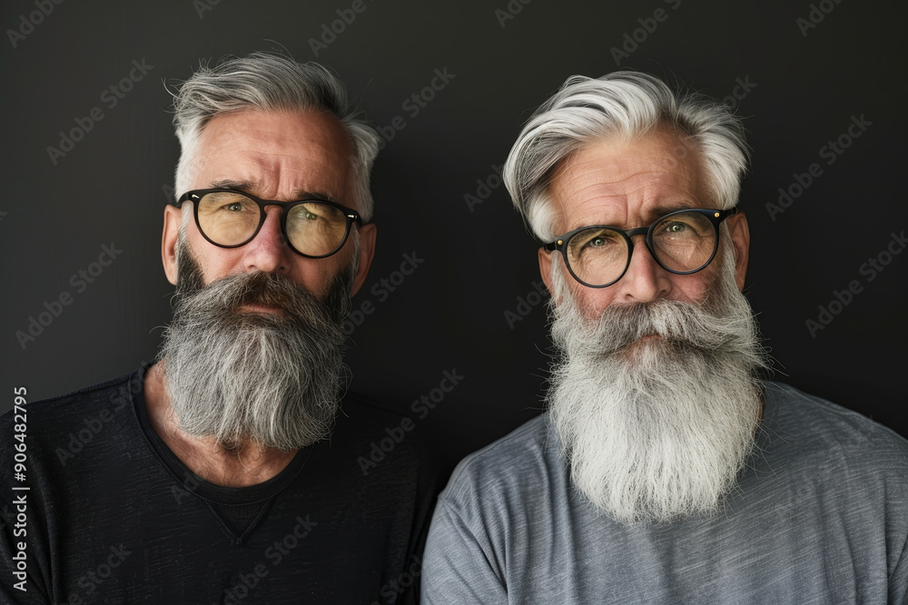 Two older men with matching grey beards and glasses pose side by side ...