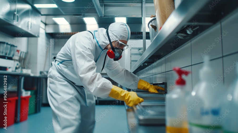 Exterminator treating a commercial kitchen to prevent pest infestations ...