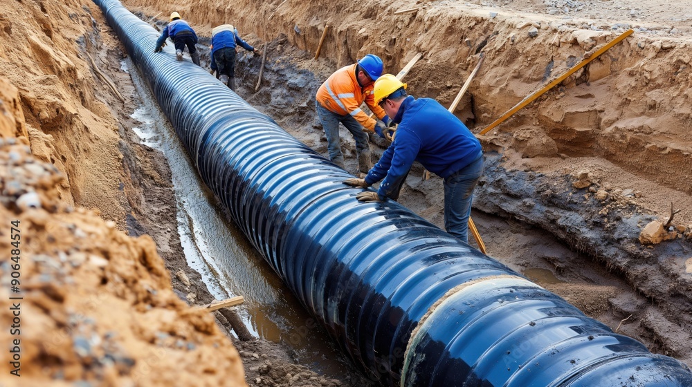 Workers installing new drainage systems alongside a highway Stock Photo ...