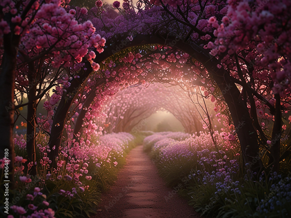 Twilight descending upon the pink flower tunnel, turning it into a ...