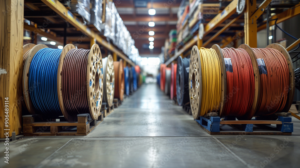 Industrial cable reels of various colors in warehouse. Rows of large ...