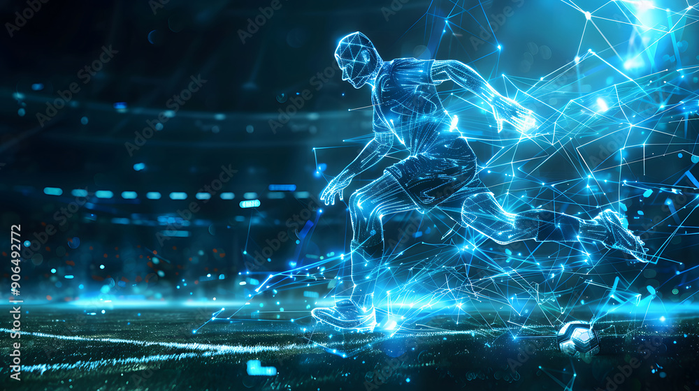 Blue digital soccer player with glowing data, artificial intelligence ...