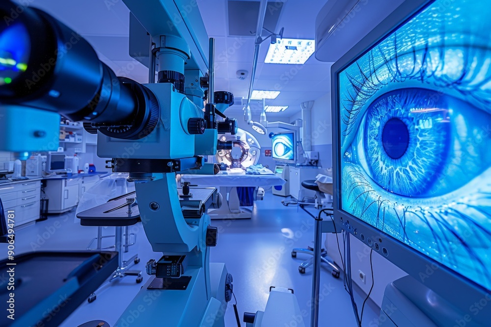 Modern operating room with a high-tech microscope and a monitor ...