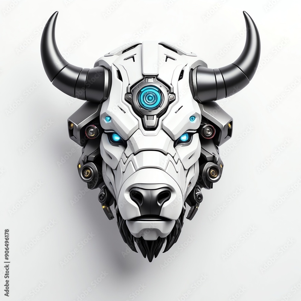cyberpunk robotic bison head 3d art logo in plain white background ...