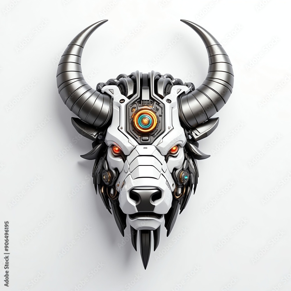 cyberpunk robotic bison head 3d art logo in plain white background ...