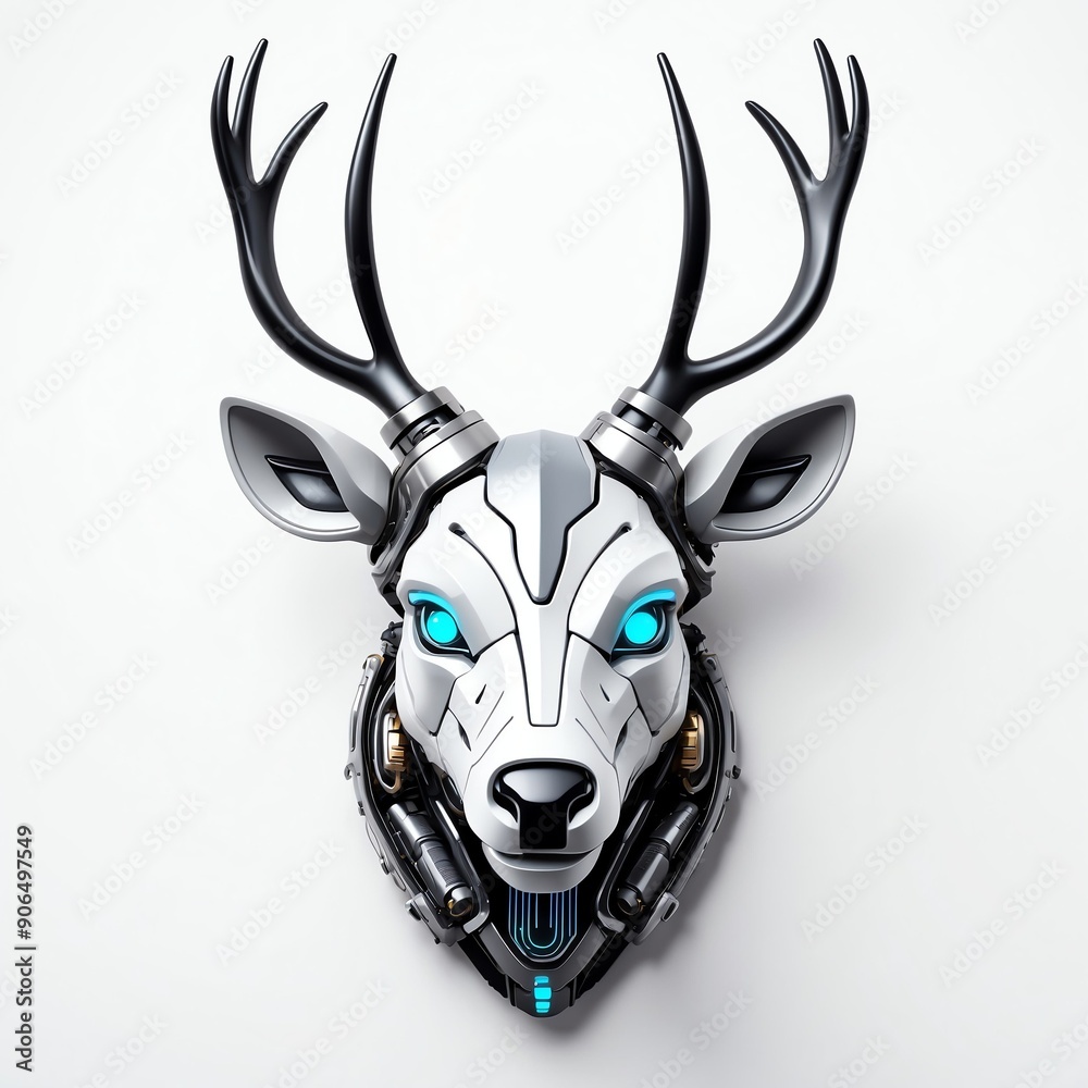 cyberpunk robotic reindeer head 3d art logo in plain white background ...