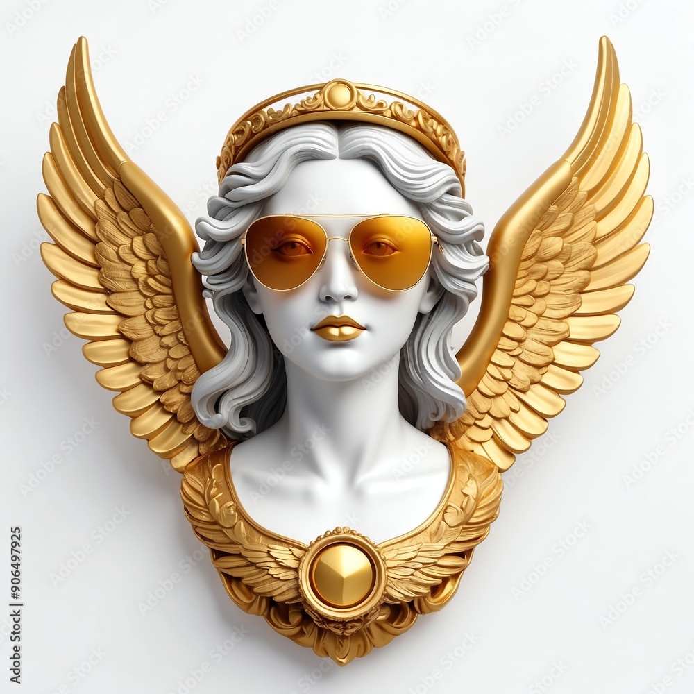 gold angel head statue with sunglasses 3d art logo in plain white ...
