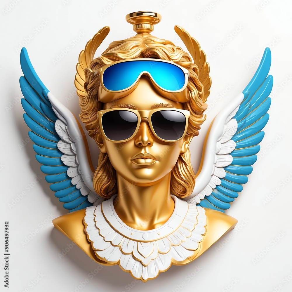 gold angel head statue with sunglasses 3d art logo in plain white ...
