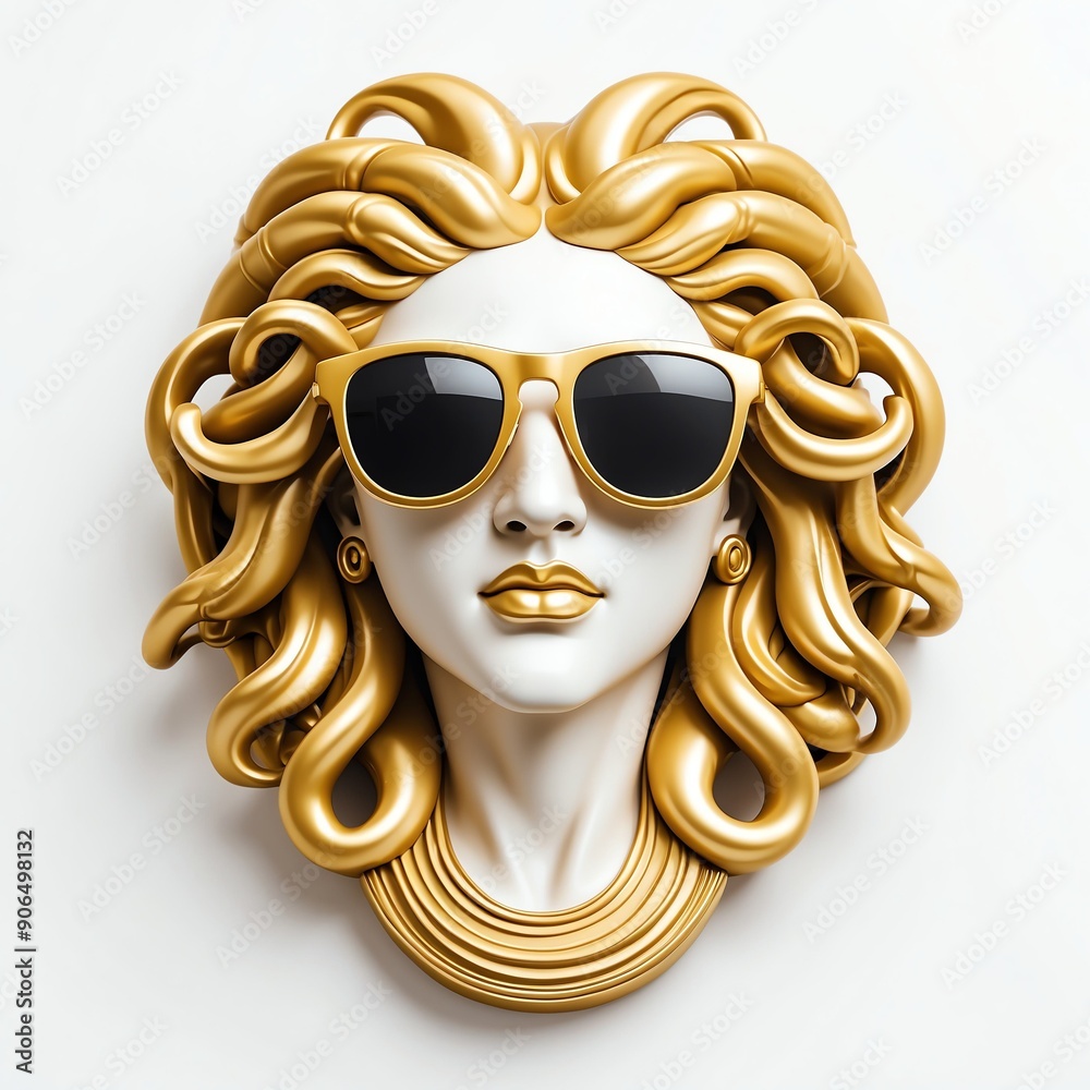 gold medusa head statue with sunglasses 3d art logo in plain white ...
