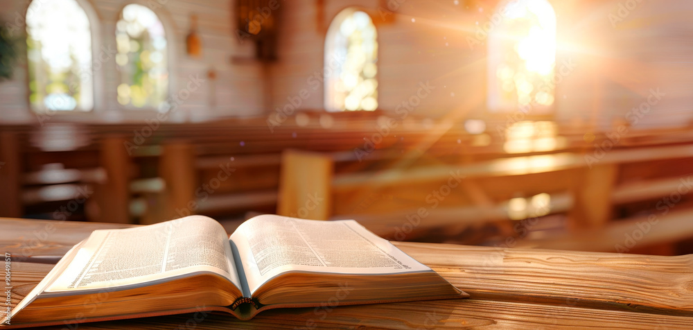 open bible on wooden table with blurred background of church pews and ...