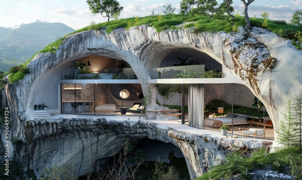 modern underground house built into ancient cave with large windows and ...