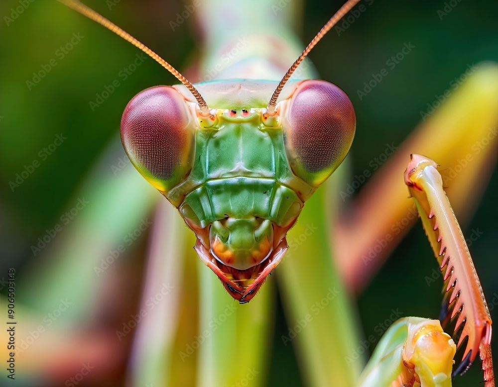 Striking macro portrait of a praying mantis showcasing its vibrant ...