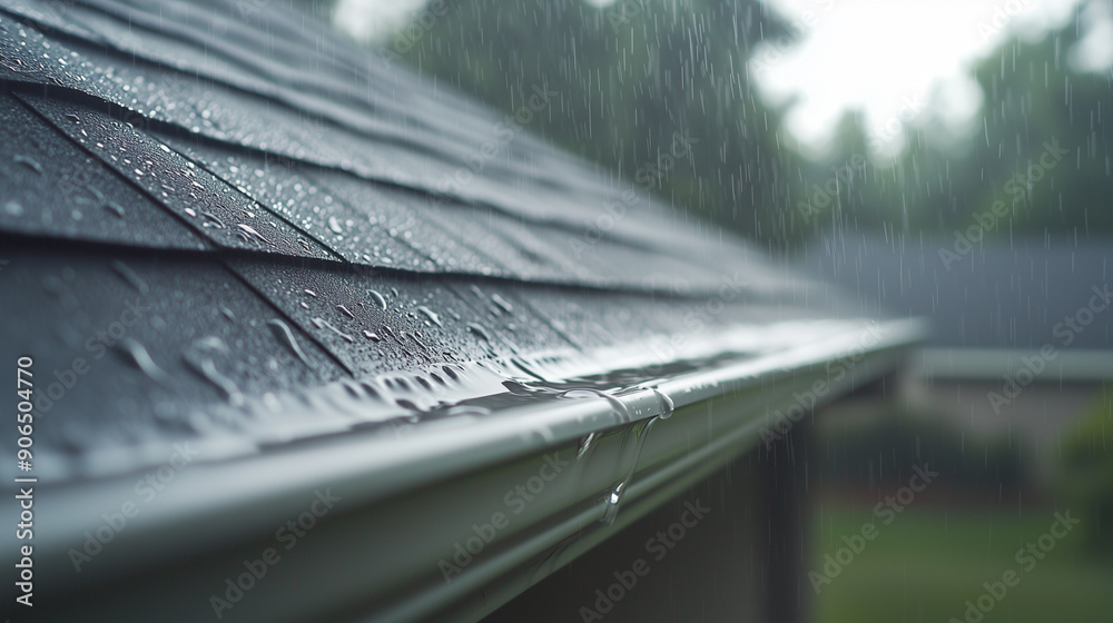 Aluminum Gutter with Rain Falling on Roof Shingles - Closeup of Water ...
