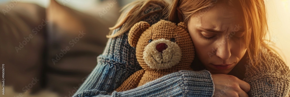 Woman in grief and tears holding teddy bear at home mourning the loss ...