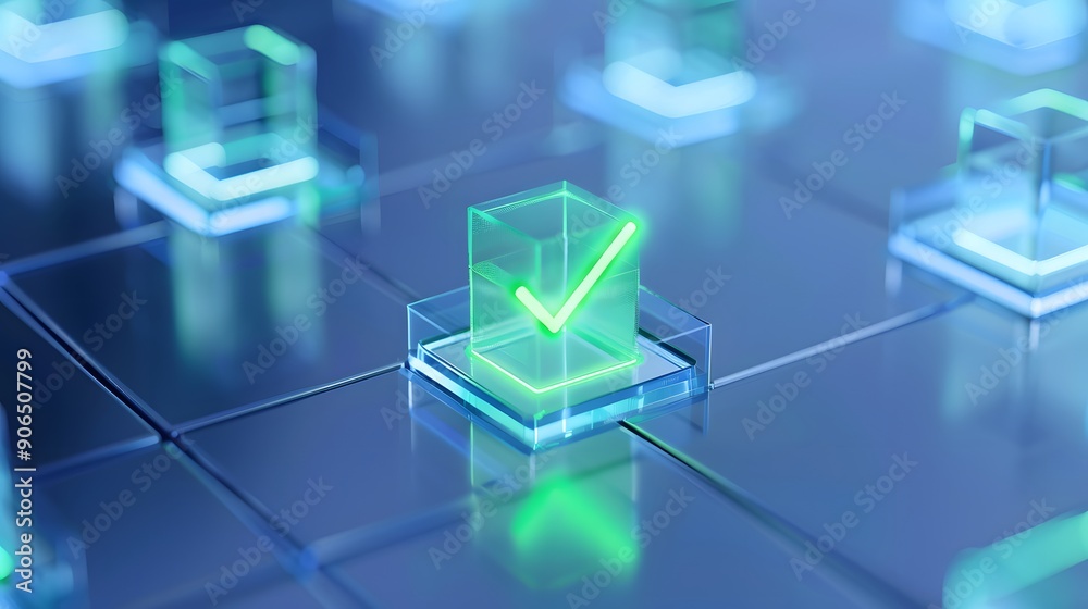 3D glowing green checkboxes on a digital surface, highlighting approval ...