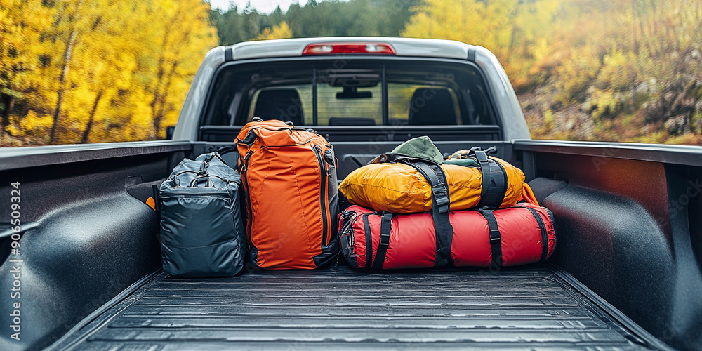 Modern pickup truck bed loaded with gear for an adventure. Concept ...