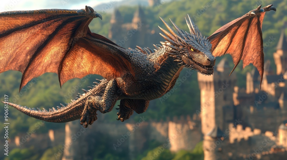digital art of a hyper-realistic dragon flying over a medieval castle ...