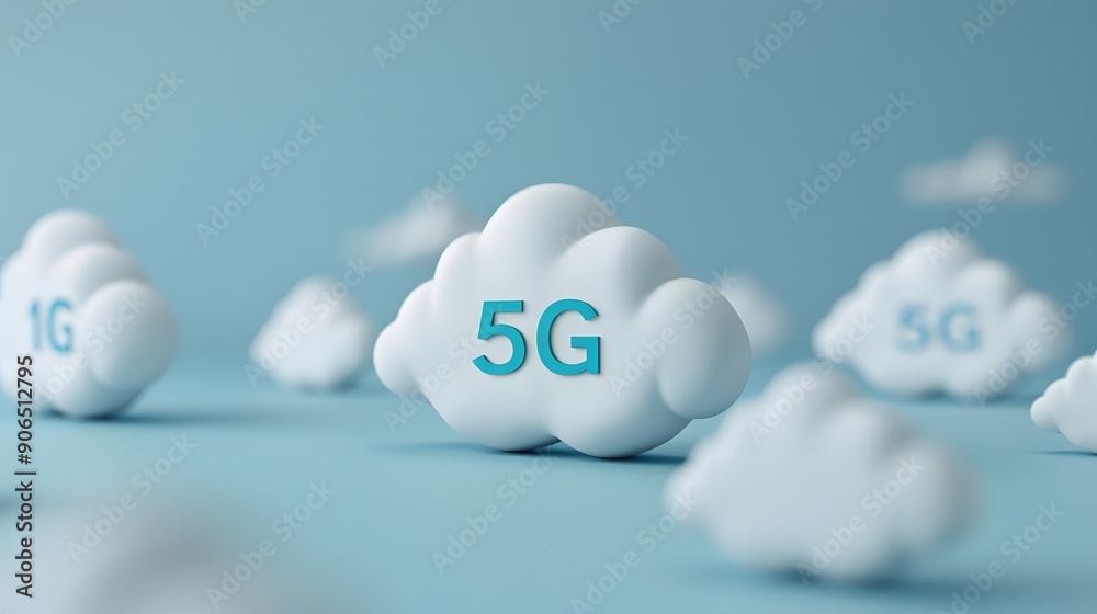 Abstract clouds with various generation network symbols, focusing on 5G, highlighting ...