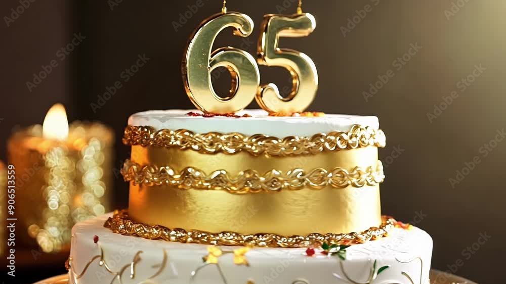 A cake with the number 65 on it is lit up with candles. The candles are ...