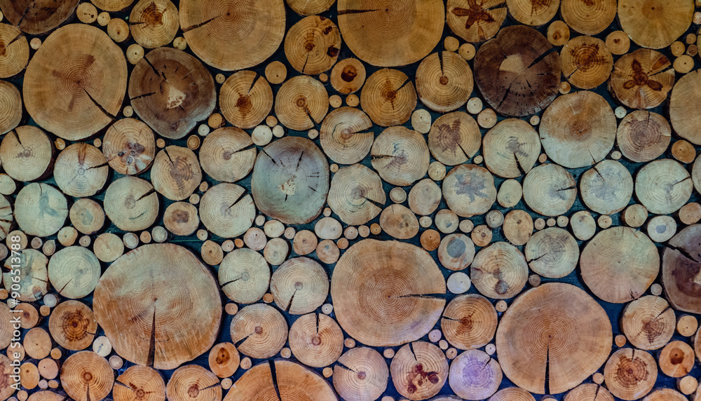 Artistic wallpaper made from recycled cut-down tree trunks, crafted ...