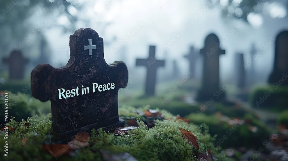 Rest in Peace Gravestone in Foggy Cemetery Stock Illustration | Adobe Stock