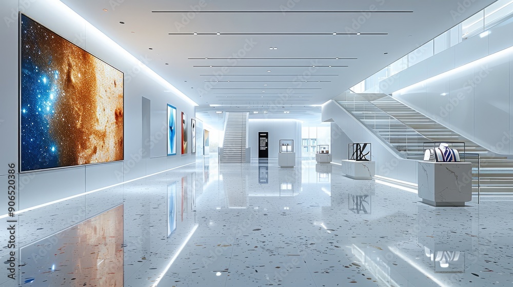 Modern corporate hall, tie display hall, light gray reflective floor ...