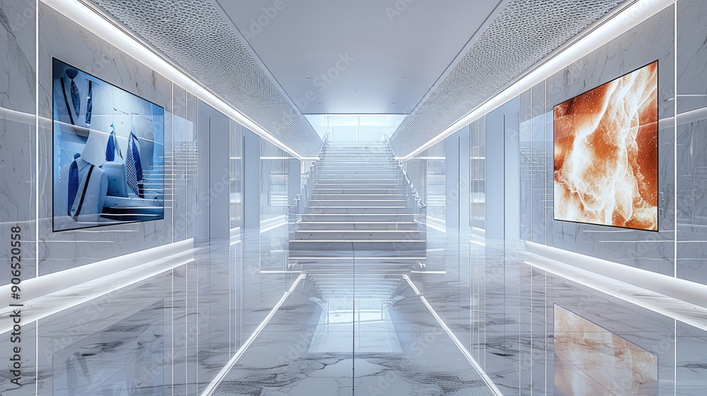 Modern corporate hall, tie display hall, light gray reflective floor ...