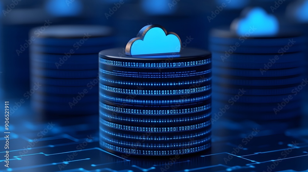 Digital database with cloud computing concept. Blue cloud icons on stacks of binary code disks ...