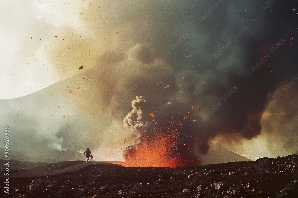 A solitary person standing amid volcanic eruption smoke and ash ...