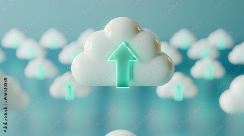 Multiple digital cloud icons with glowing upload arrows representing ...