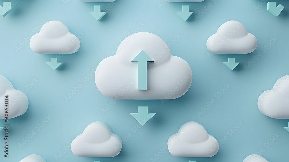 Seamless pattern of cloud icons with arrows signifying upload and ...