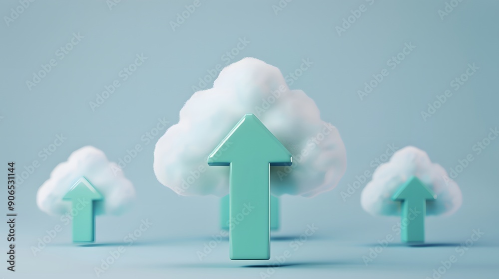 Three arrows pointing upwards into fluffy clouds, representing cloud computing and data upload ...