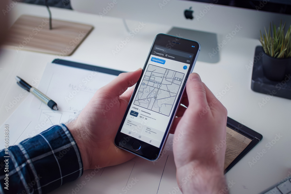 Hands holding a smartphone displaying a map for navigation, amidst a ...