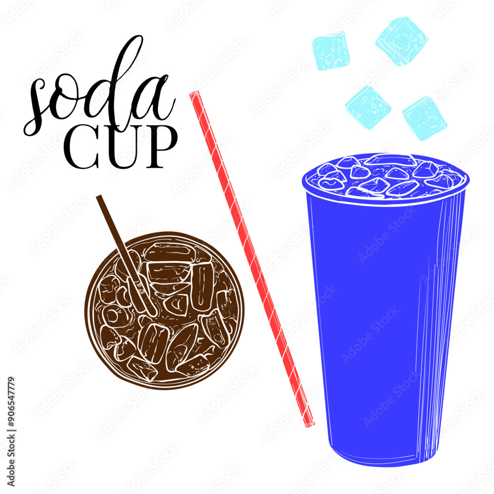 Hand drawn vector soda. Soft drink paper cup with ice cubes and straw ...