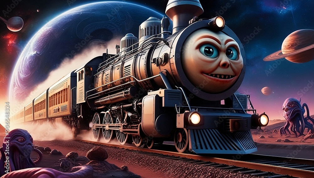 hi-tech express train, barrels through the galaxy. train's industrial ...