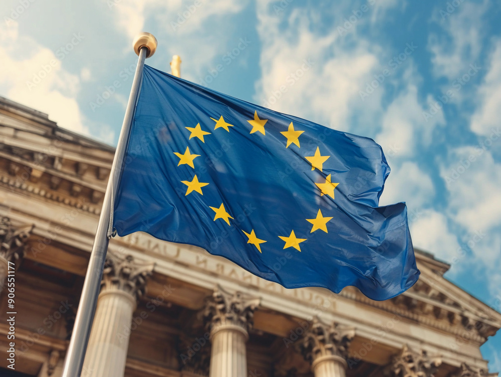 European Union Flag Waving Proudly in Front of Historic Building Under ...