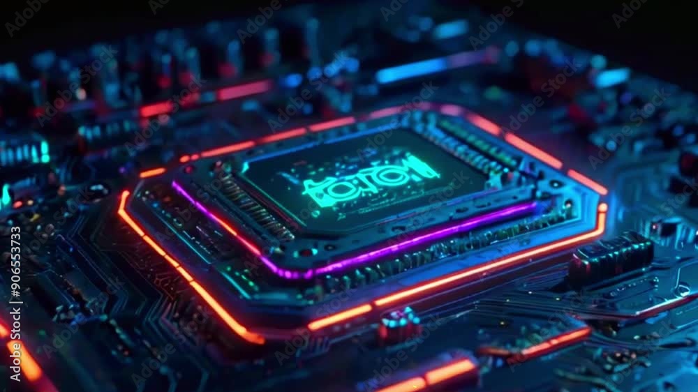 a highly detailed macro shot of a modern computer processor chip ...