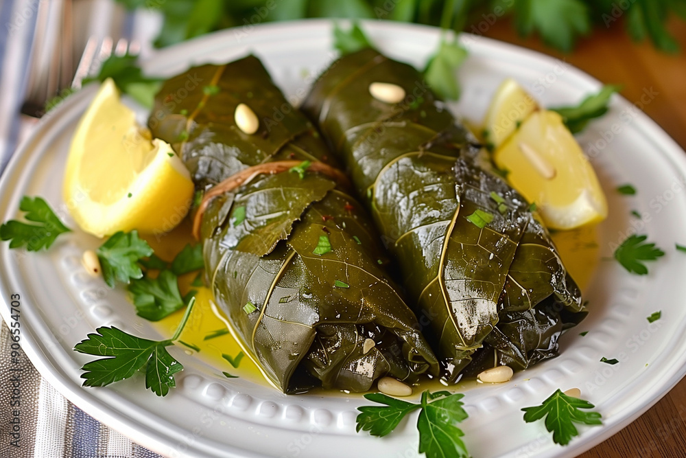 Delicious dolma (sarma) stuffed grape leaves rice, white yogurt sauce ...