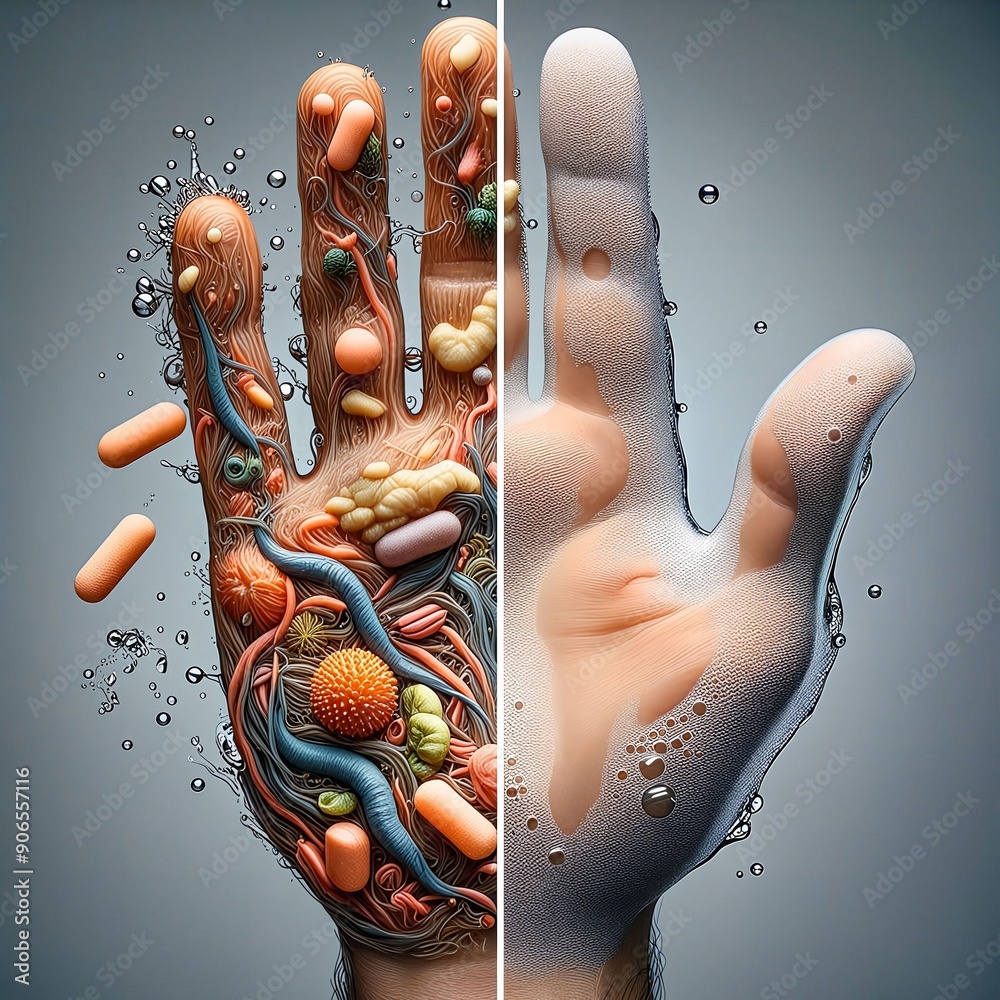 Split-image of hand: left side is covered in bacteria and microbes ...