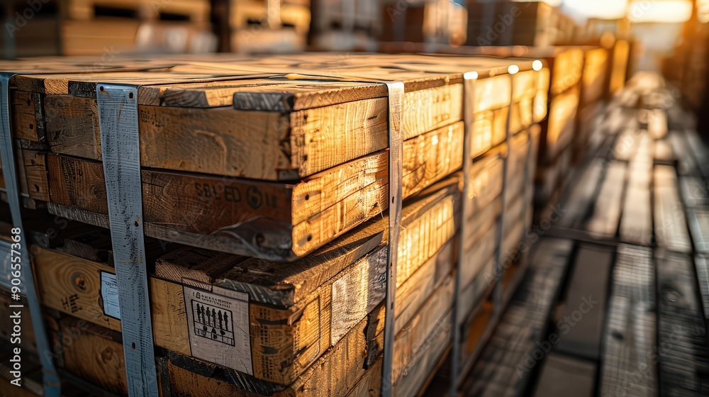 Wooden crates stacked and secured with metal straps in a warehouse ...