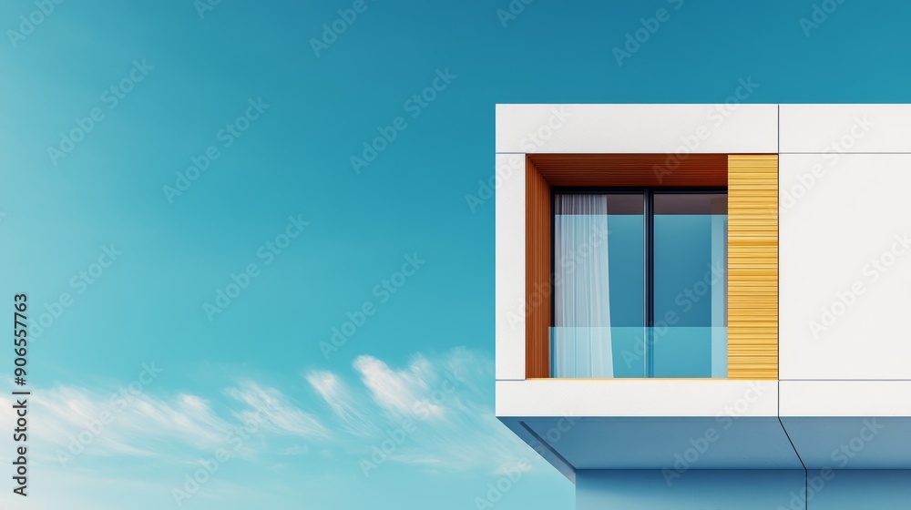 Vertical window on modern home, wood trim details, sky backdrop, flat ...